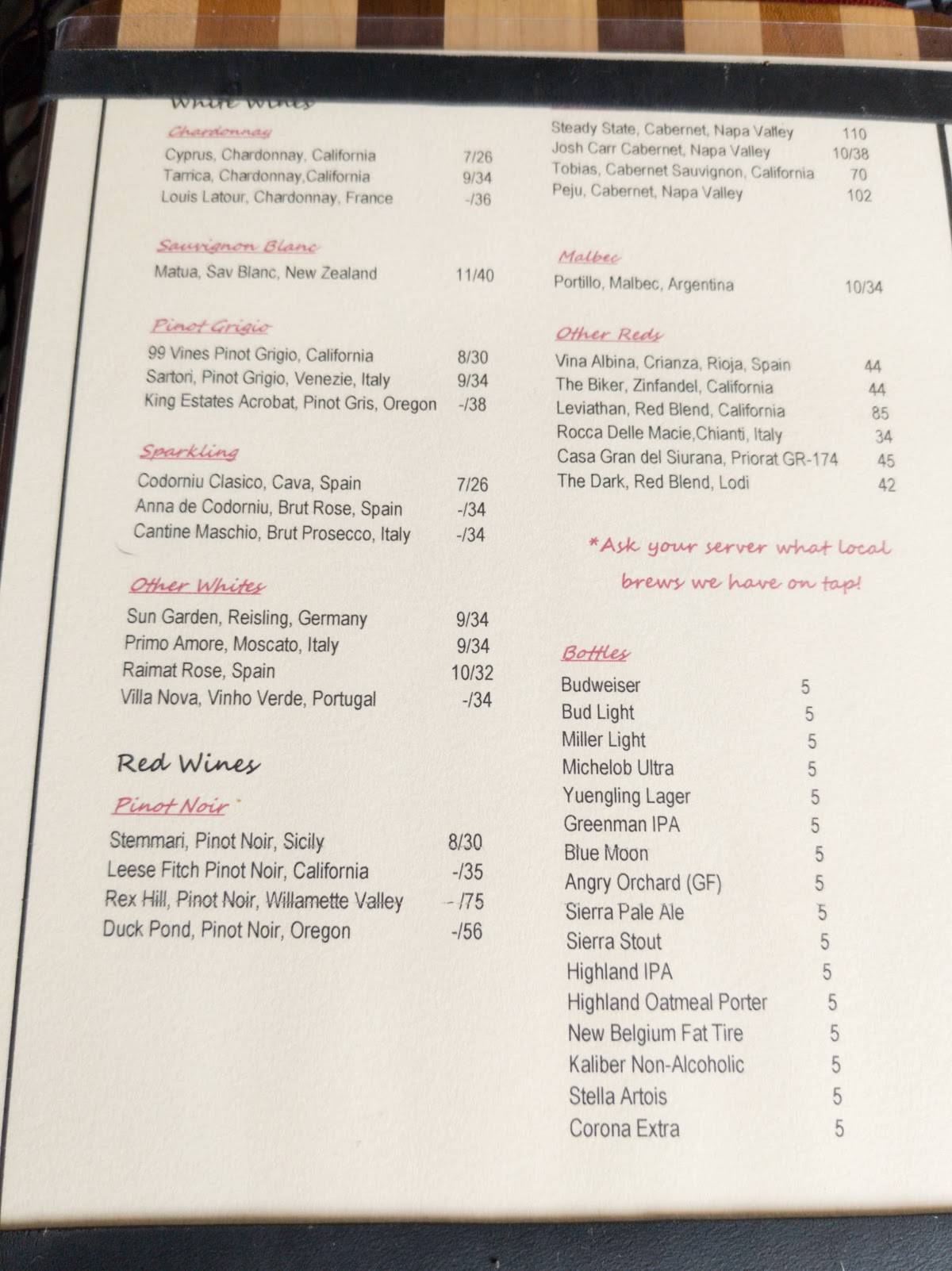 Menu at The Square Root restaurant, Brevard