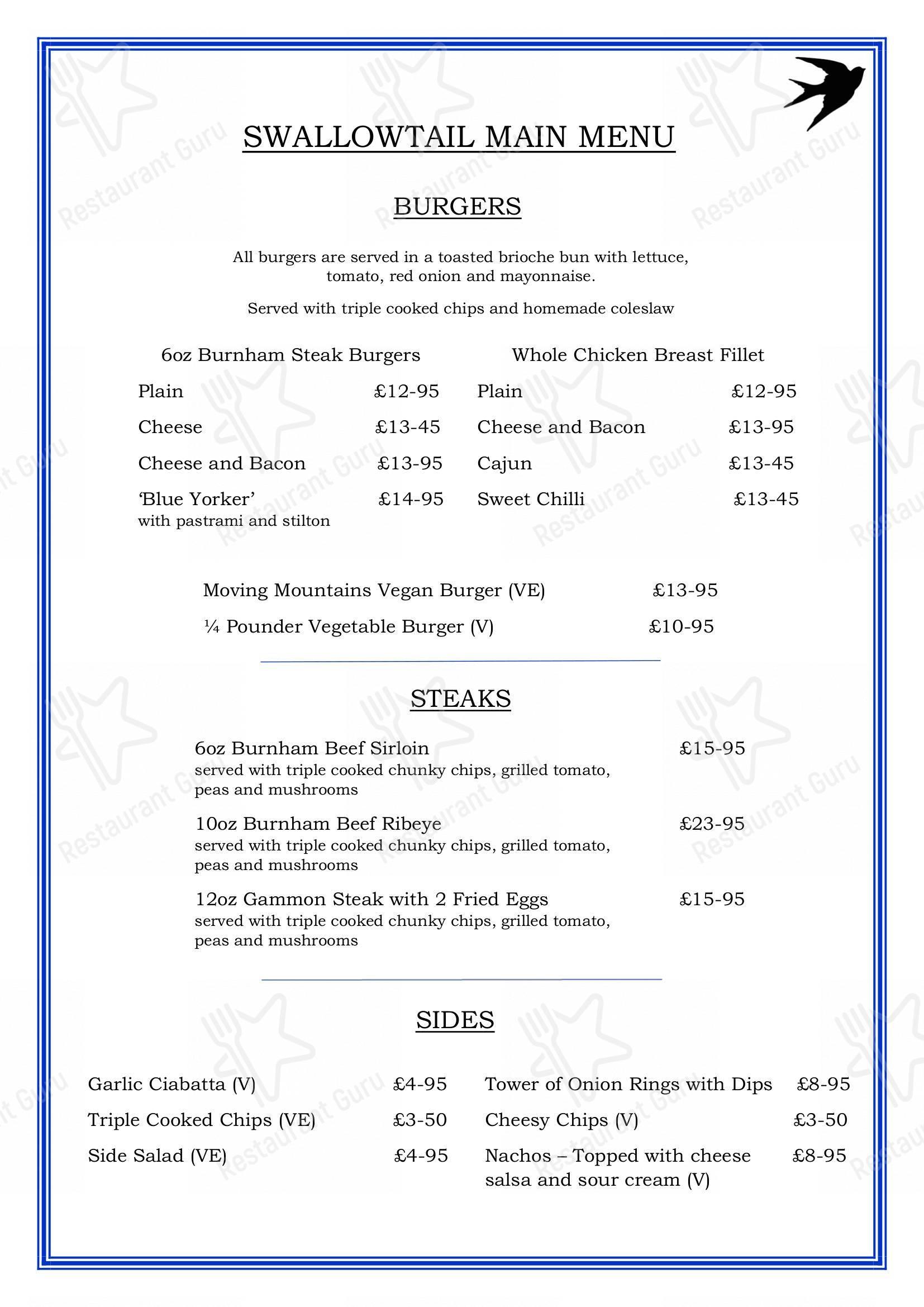 Menu at The Swallowtail restaurant, Burnham-on-Crouch