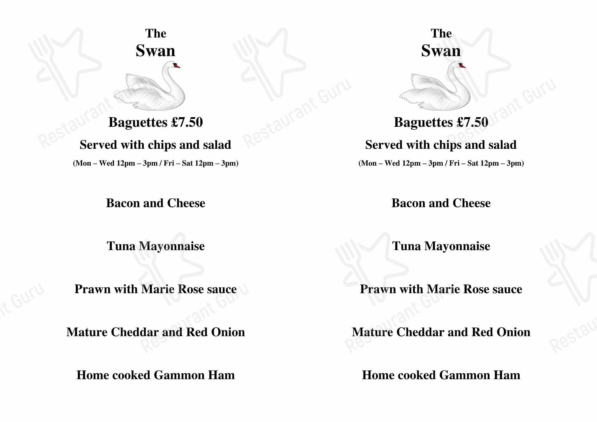 Menu at The Swan Bar and Restaurant, Horndon on the Hill, 121 High Road