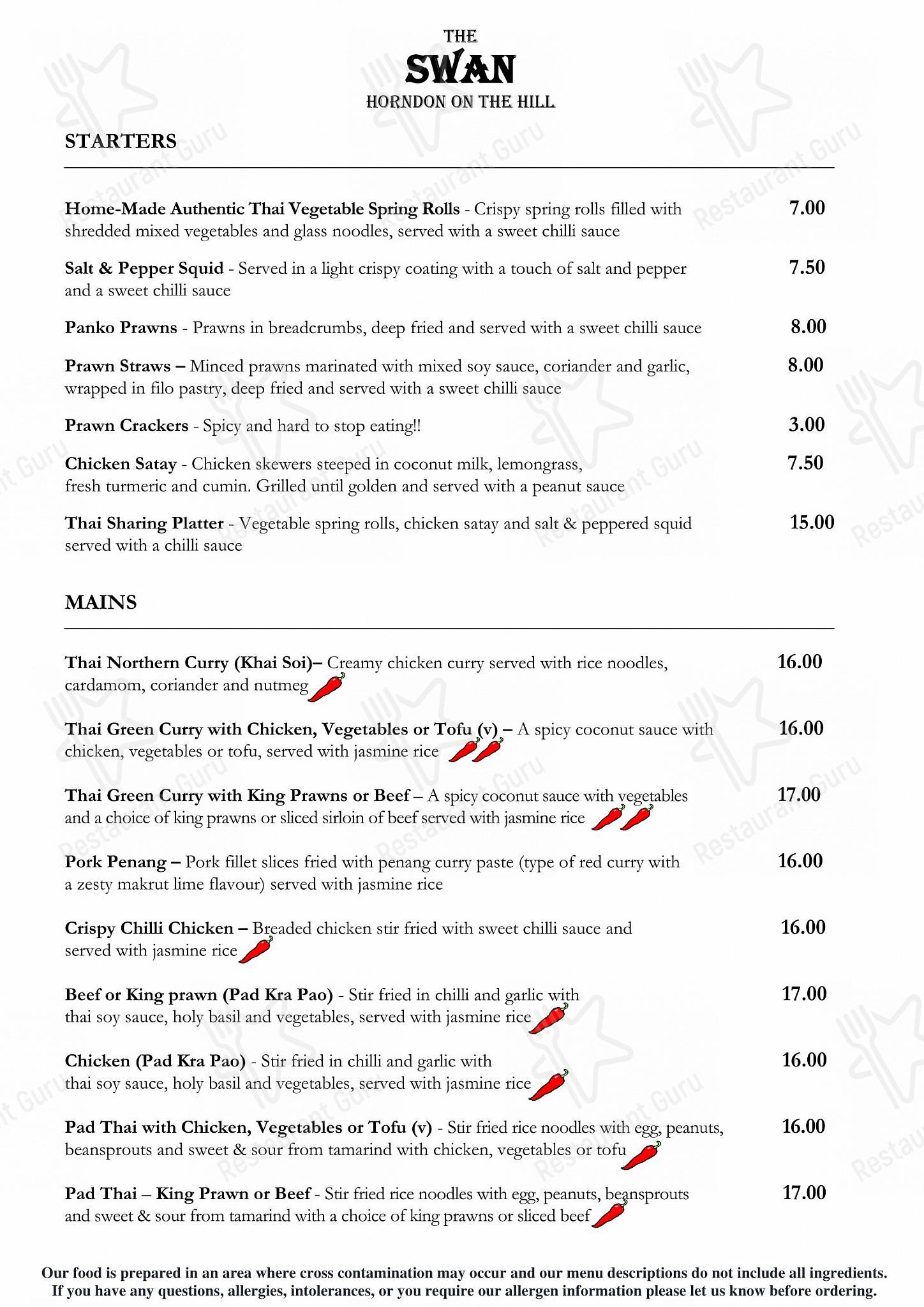 Menu at The Swan Bar and Restaurant, Horndon on the Hill, 121 High Road