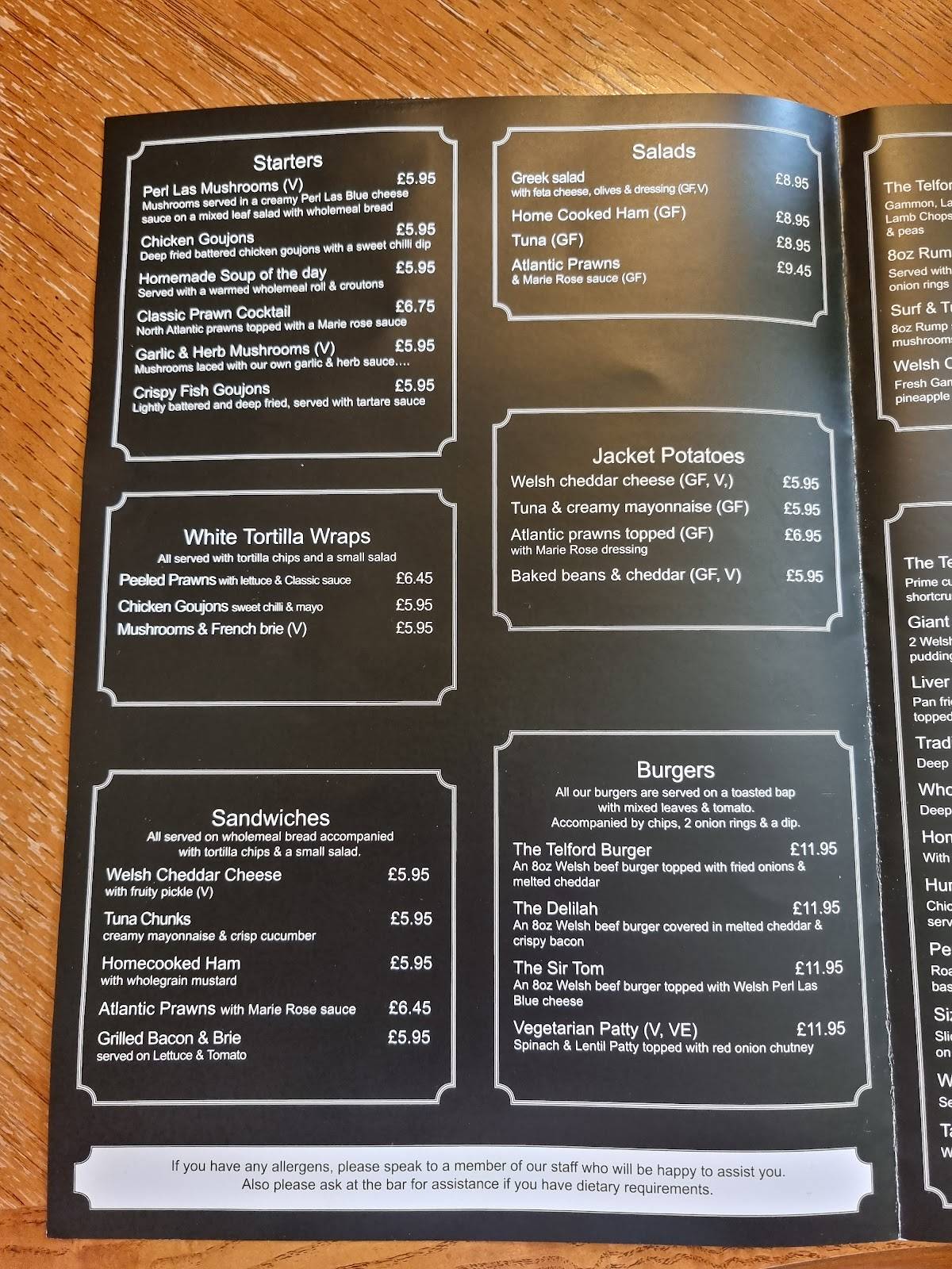 Menu at The Telford Inn pub & bar, Llangollen