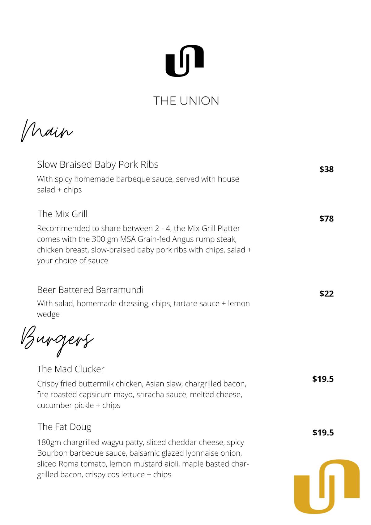 Menu at The Union Inverell pub & bar, Inverell
