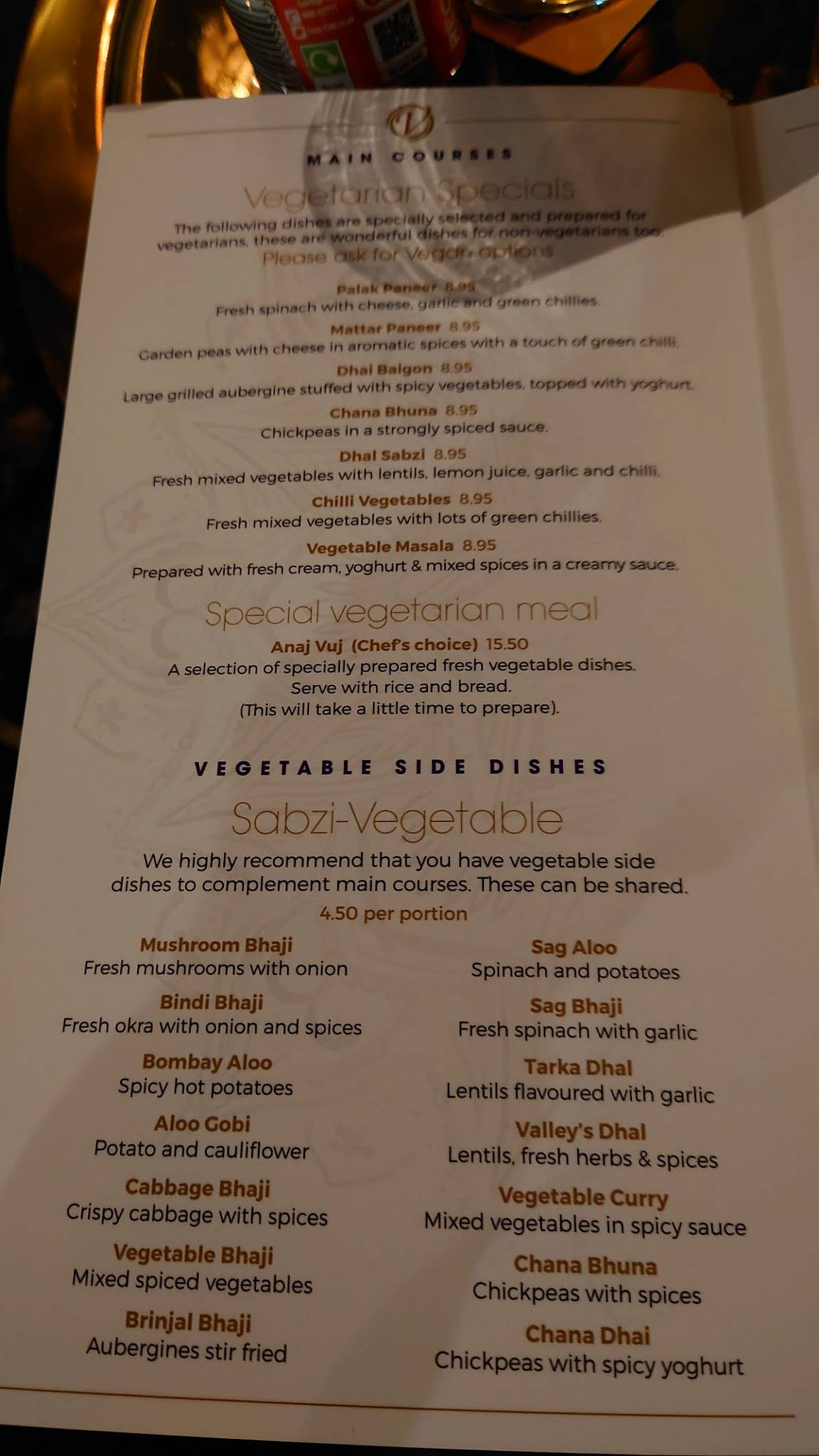 Menu at The Valley restaurant, Corbridge, The Valley