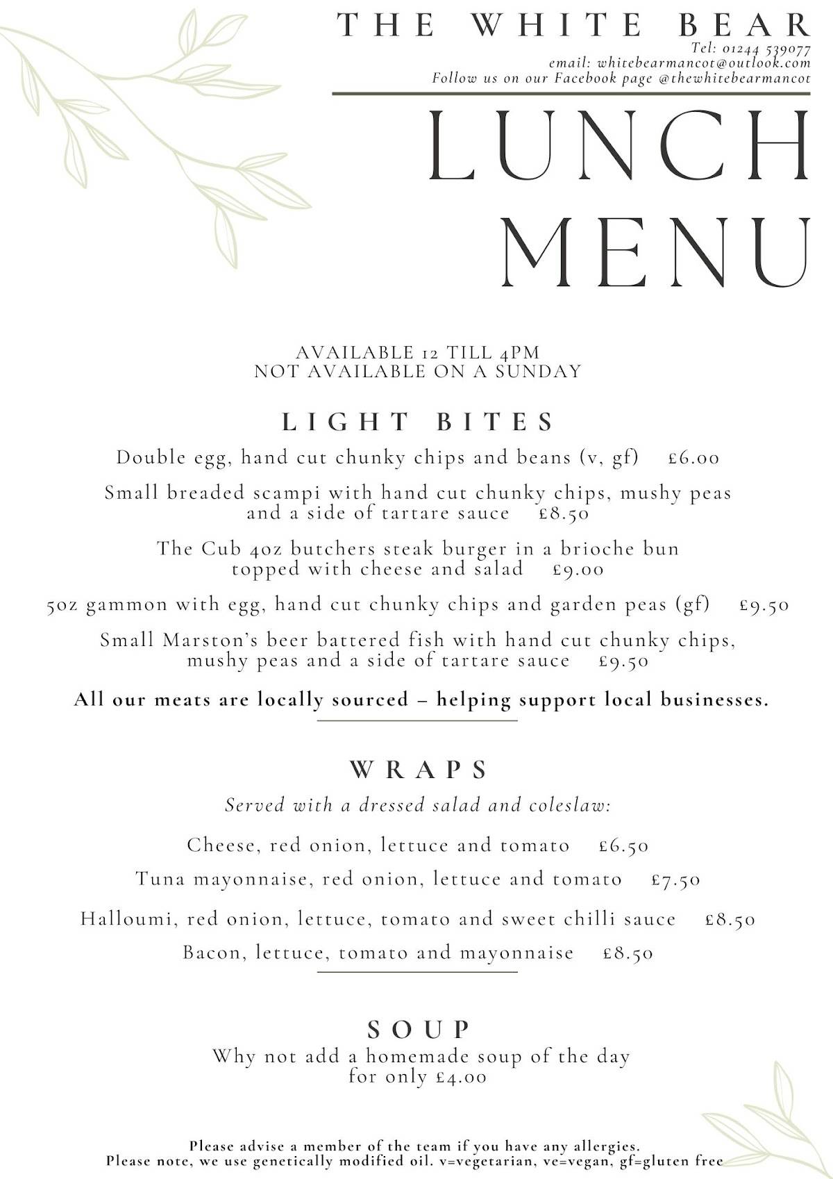 Menu at The White Bear pub & bar, Mancot
