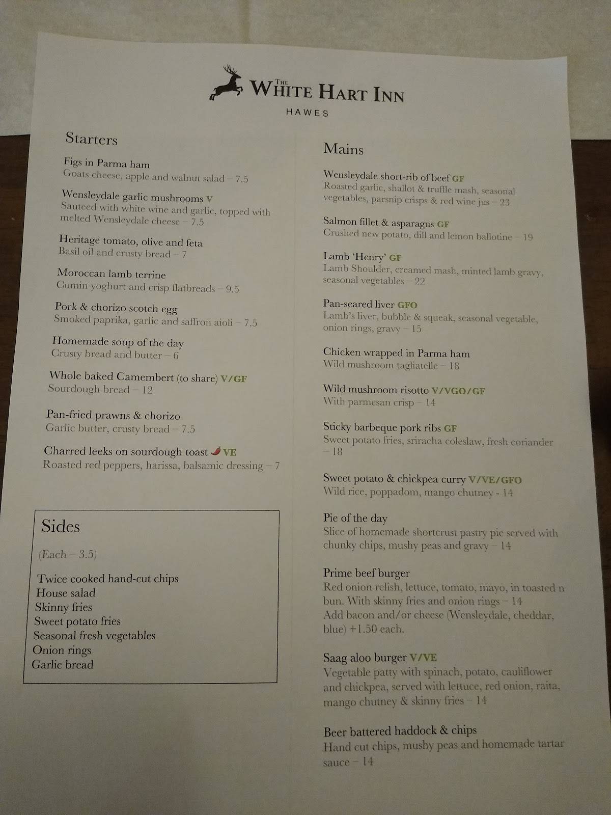 Menu at The White Hart Inn, Hawes restaurant, Hawes