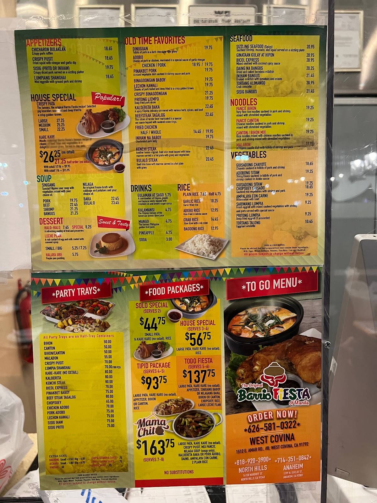 Menu at The original Barrio Fiesta of Manila, West Covina
