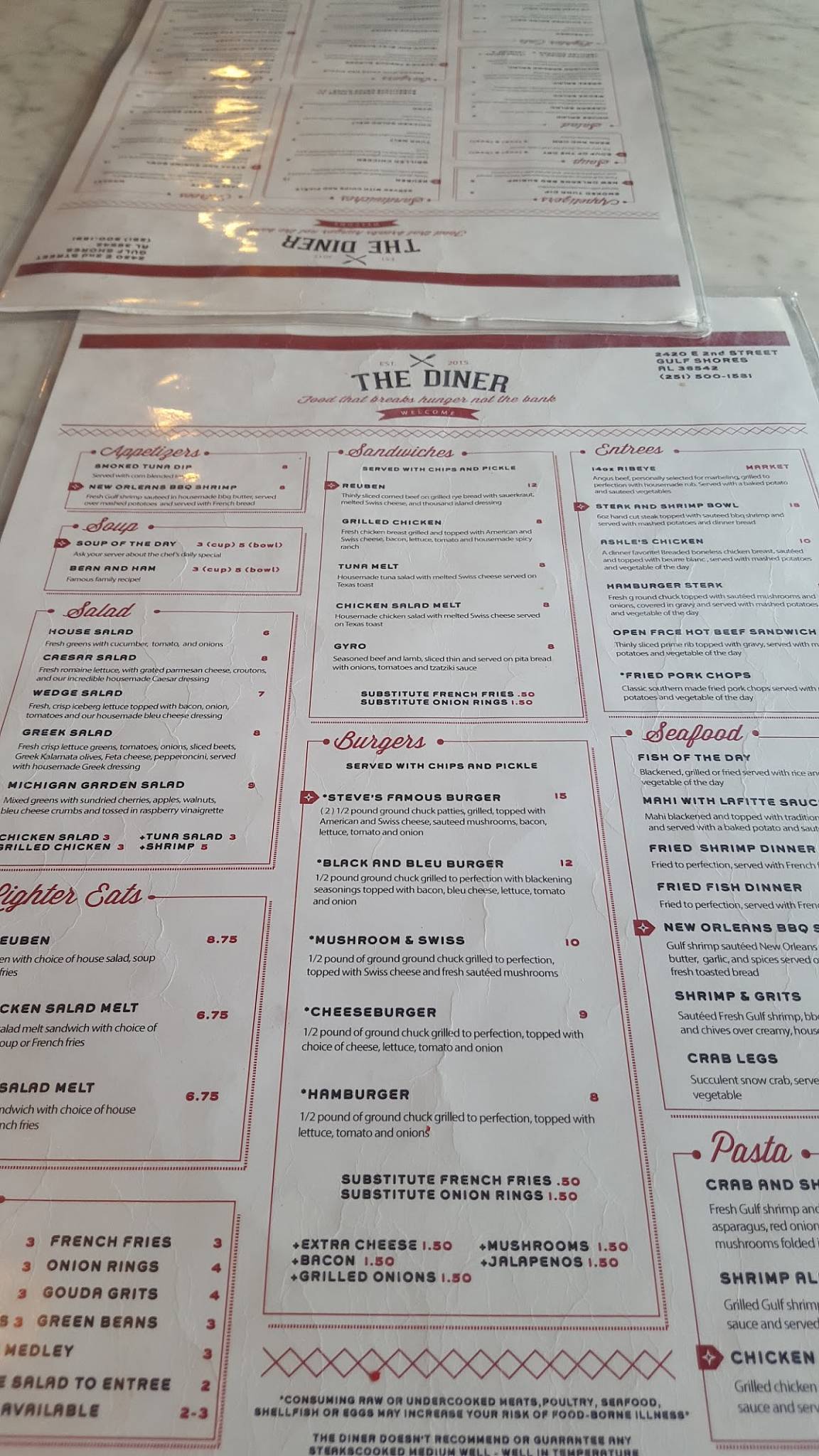 Menu at The ugly Diner restaurant, Gulf Shores
