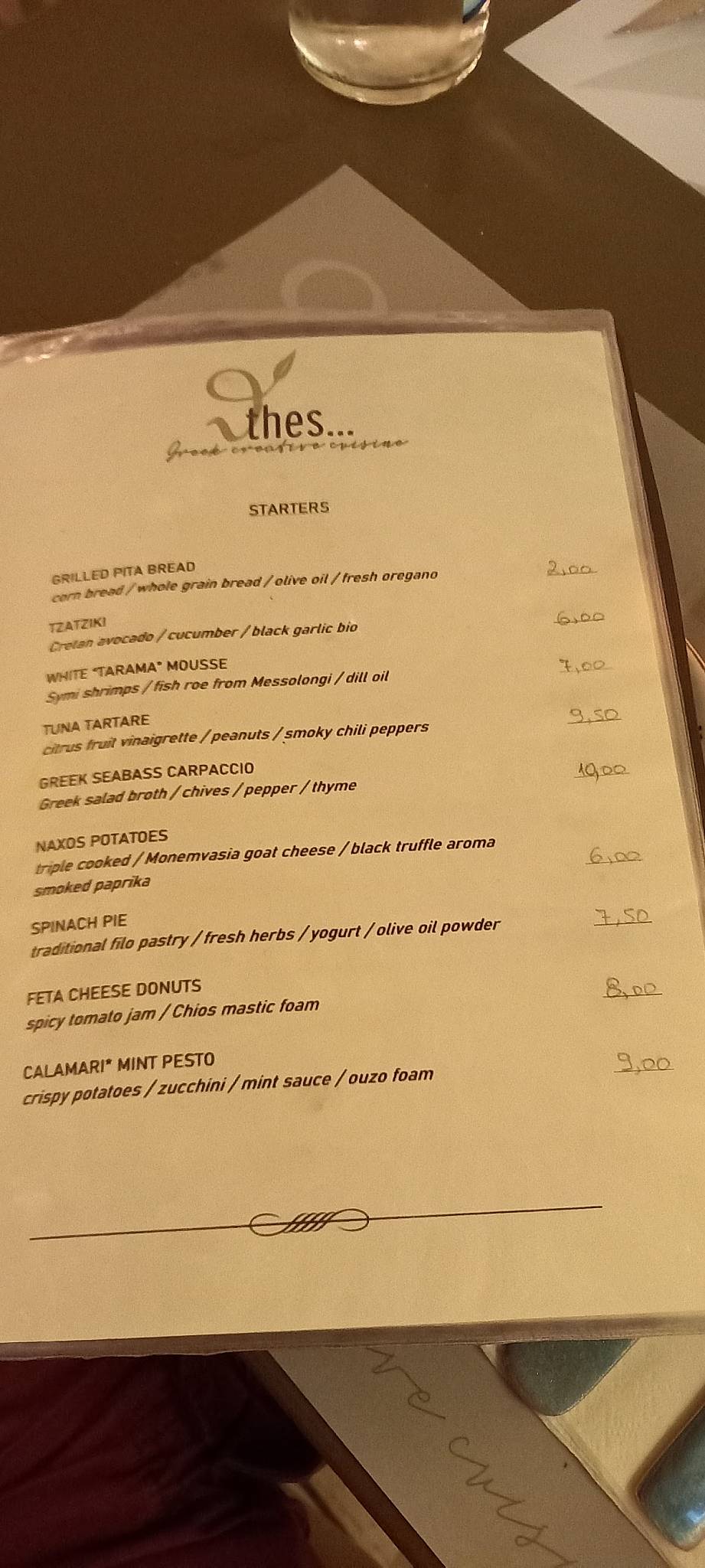 Menu at Thes ''Greek Creative Cuisine'', Athens