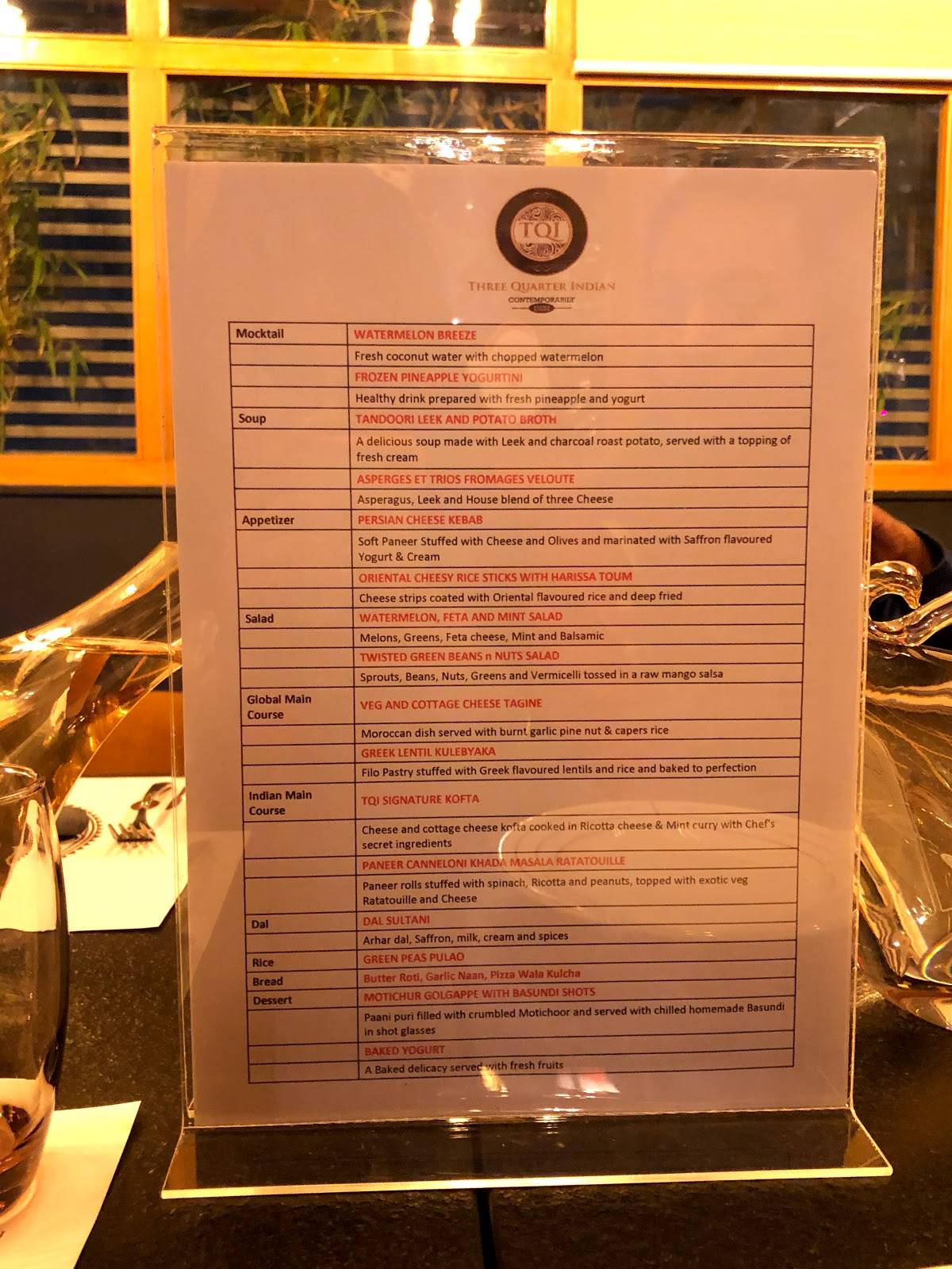 Menu at Three Quarter Indian, Ahmedabad