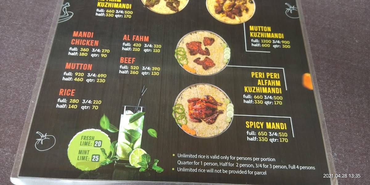Menu at Soofi Mandi, Thrissur