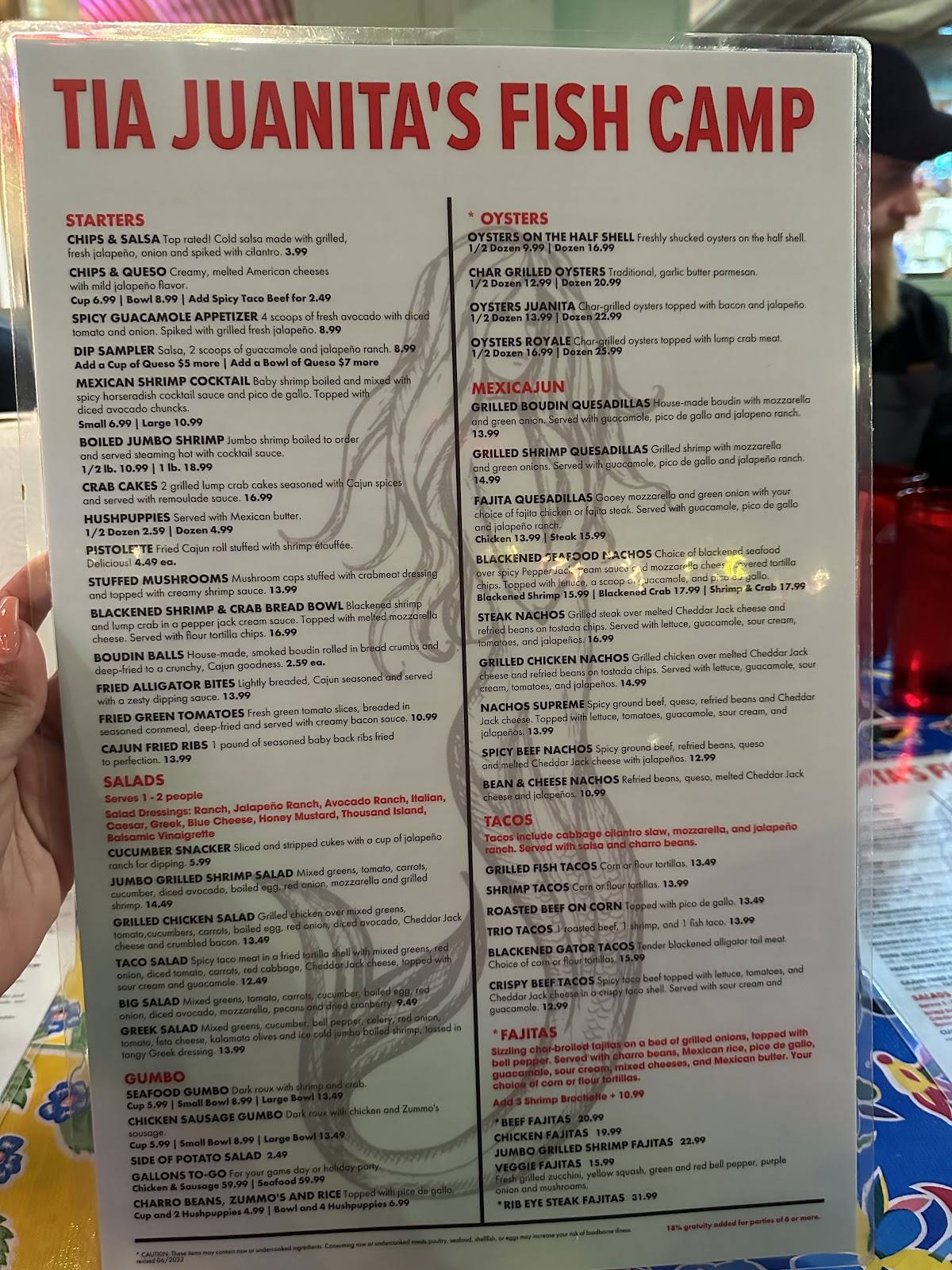 Menu at Tia Juanita's Fish Camp restaurant, Beaumont, Calder Ave