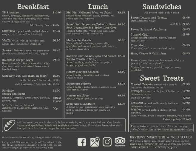 Menu at Tilly Peppers cafe, Harrogate