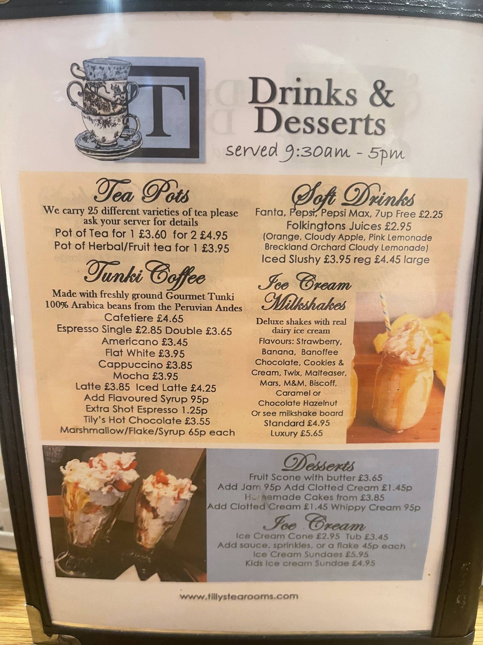 Menu at Tilly's Tearoom restaurant, Brandon