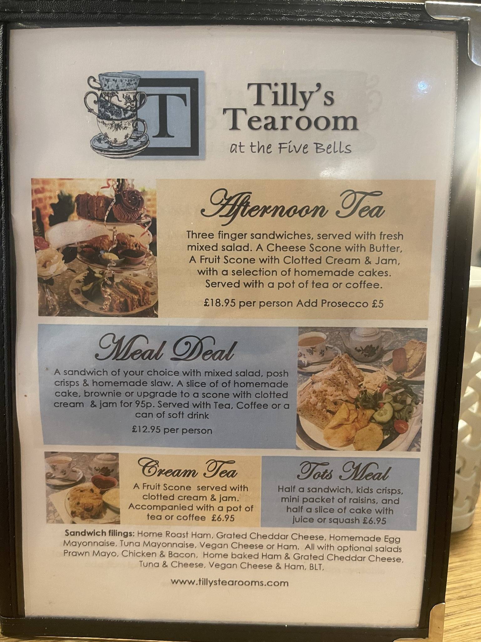 Menu at Tilly's Tearoom restaurant, Brandon