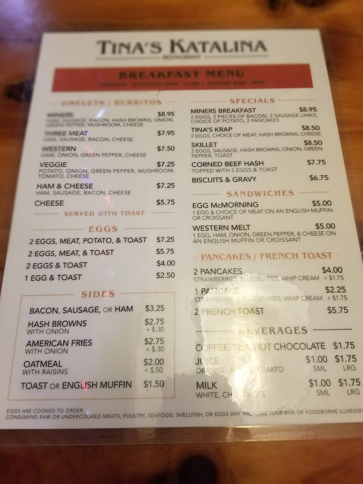 Menu at Tina's Katalina restaurant, South Range, 59 Trimountain Ave
