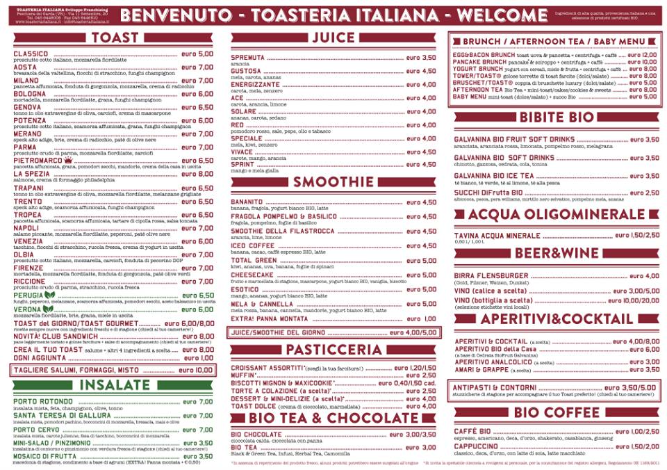 Menu da Toasteria Italiana ristorante, Milano, Via Bruno Cassinari