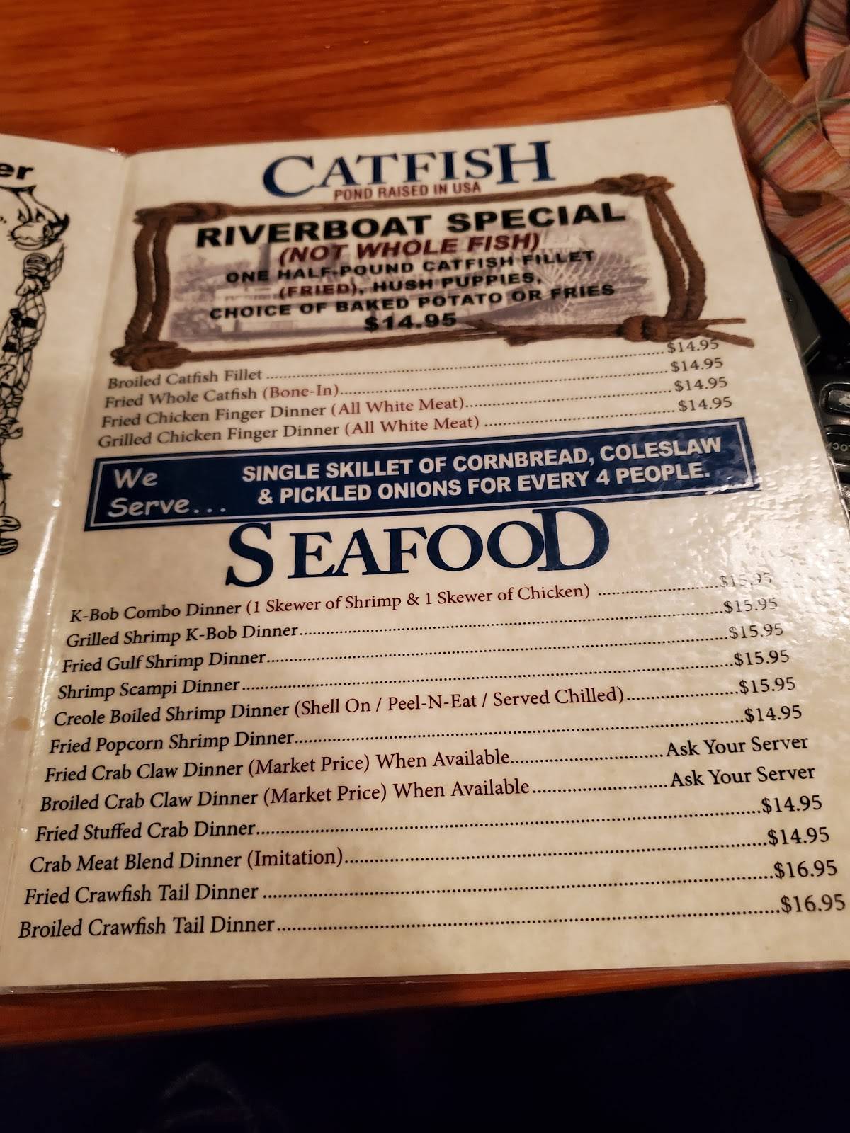 Menu at Top O' the River restaurant, Gadsden