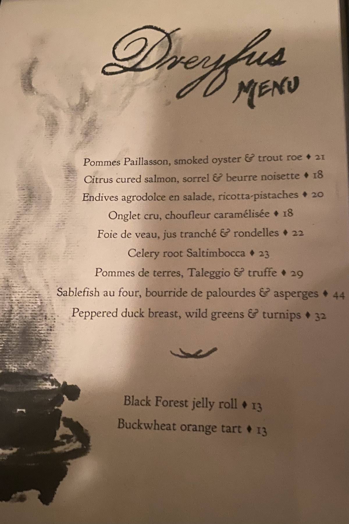 Menu at Dreyfus restaurant, Toronto, 96 Harbord St