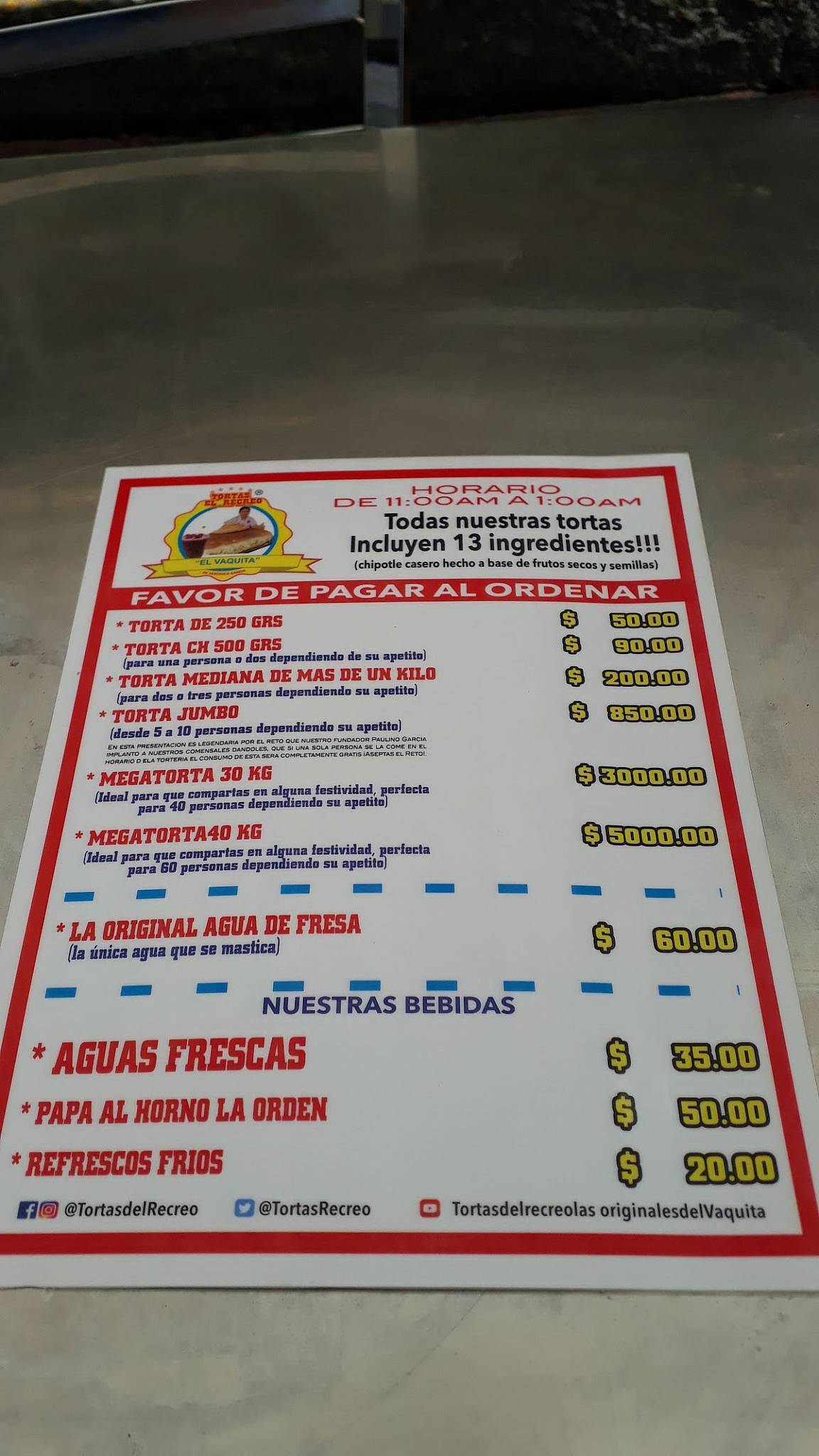 Carta del restaurante Tortas El Recreo Las Originales El Vaquita ...