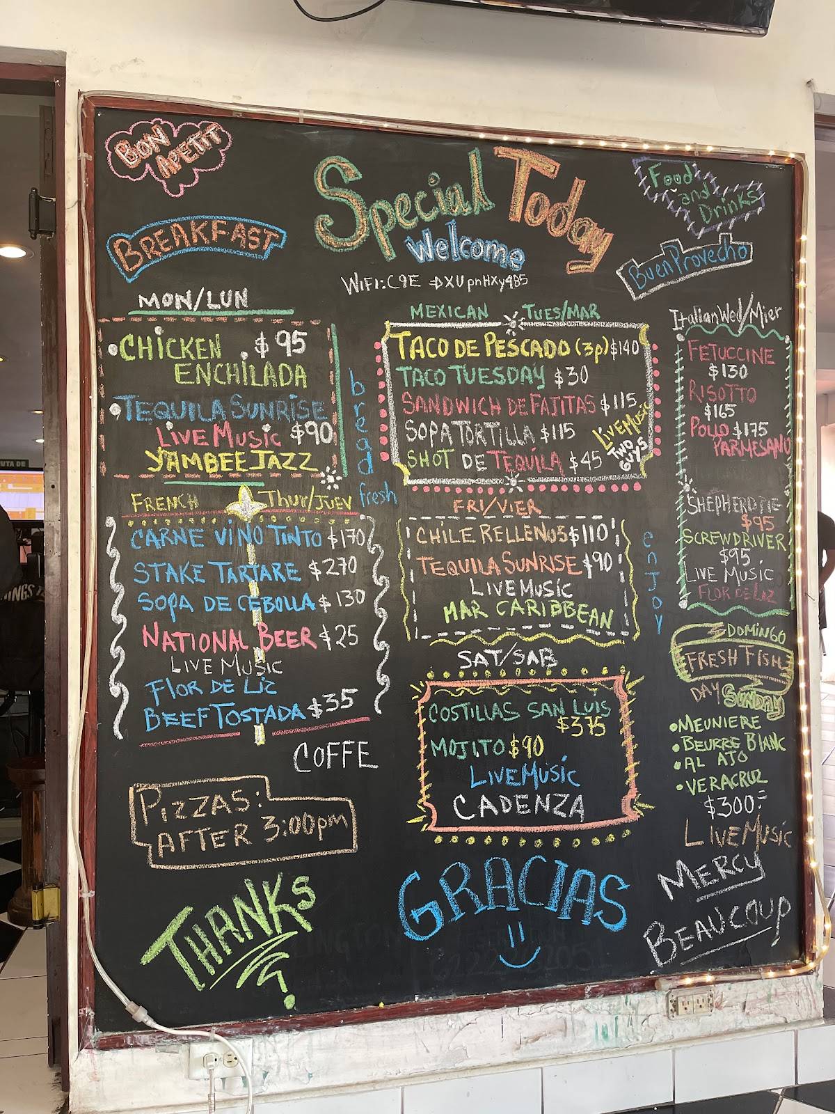 Menu at Tortuga's restaurant, San Carlos