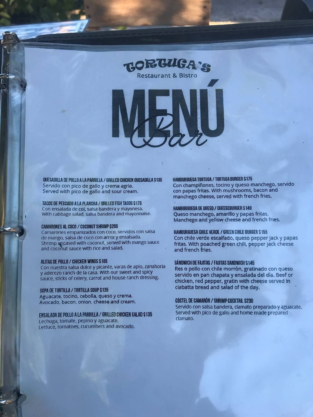 Menu at Tortuga's restaurant, San Carlos