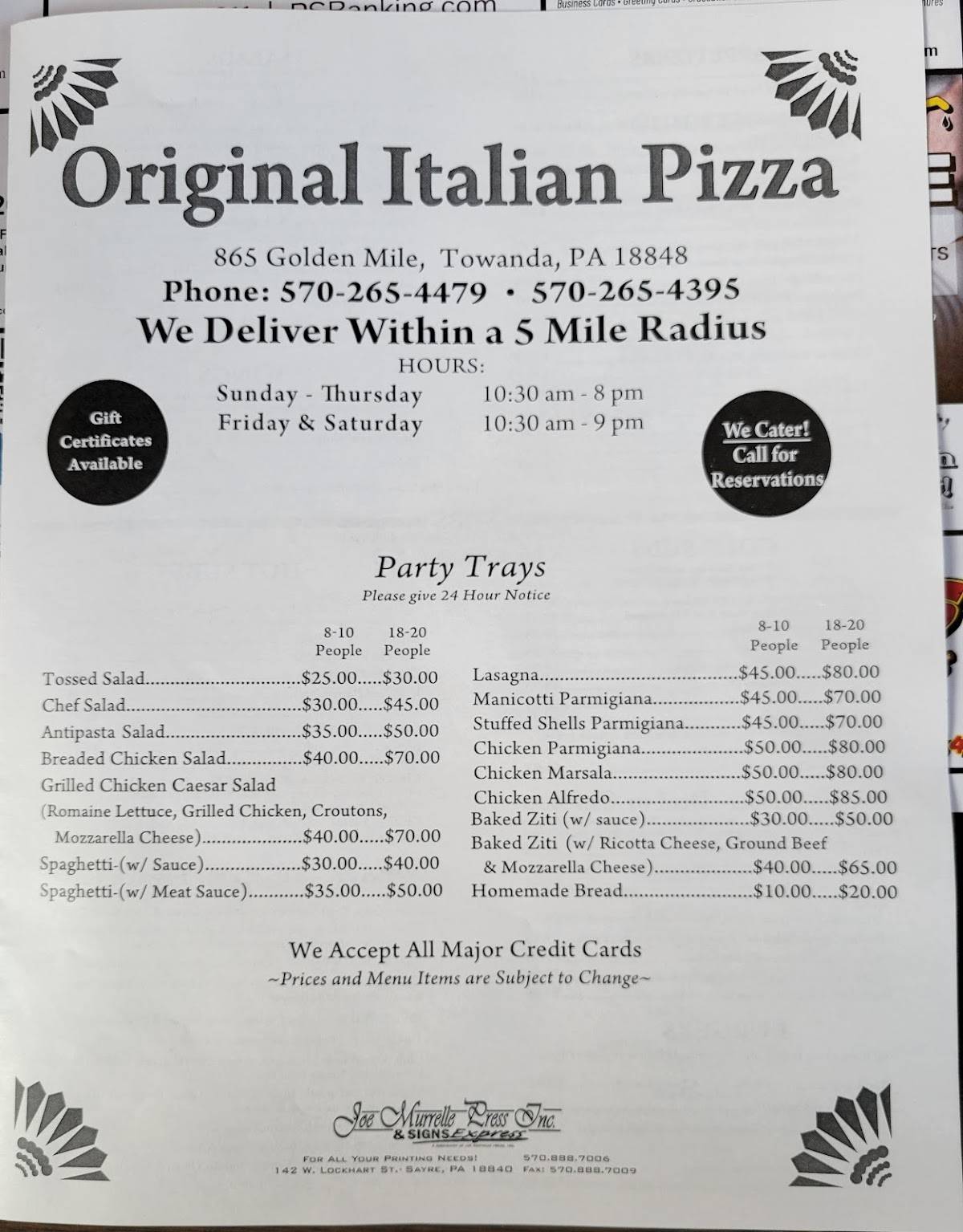 Menu at Original Italian Pizza pizzeria, Towanda