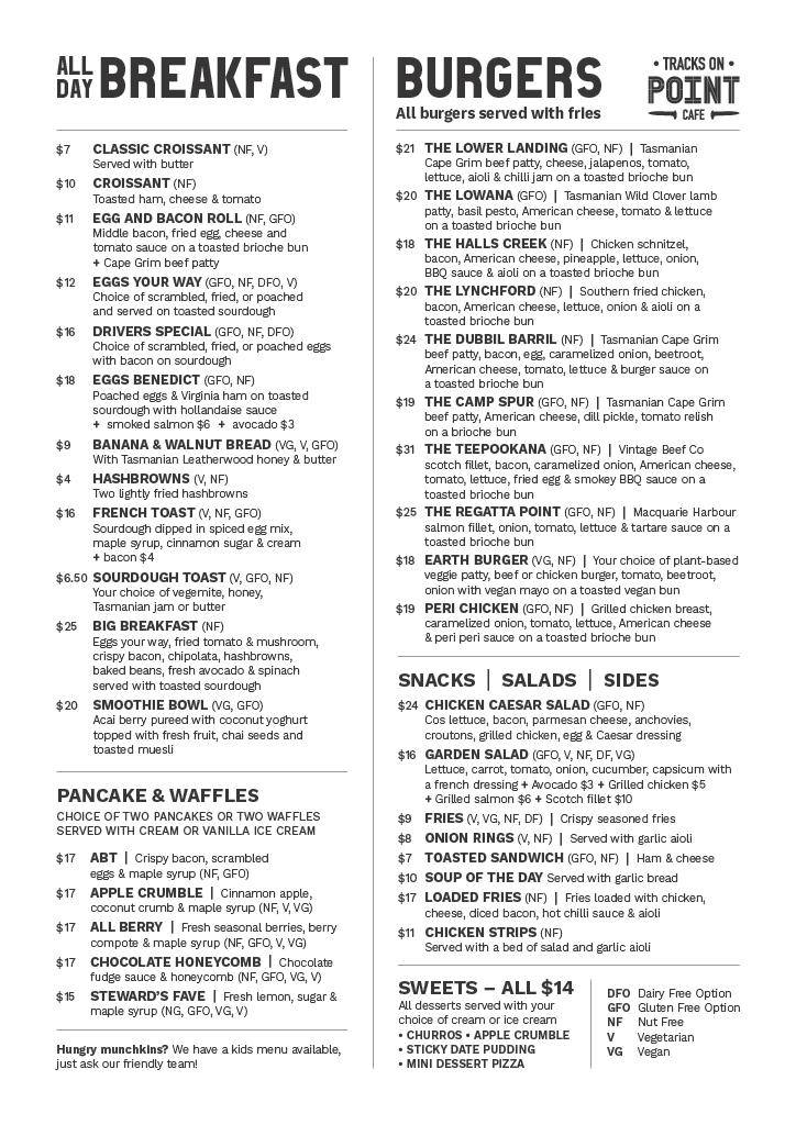 Menu at Tracks on Point cafe, Strahan