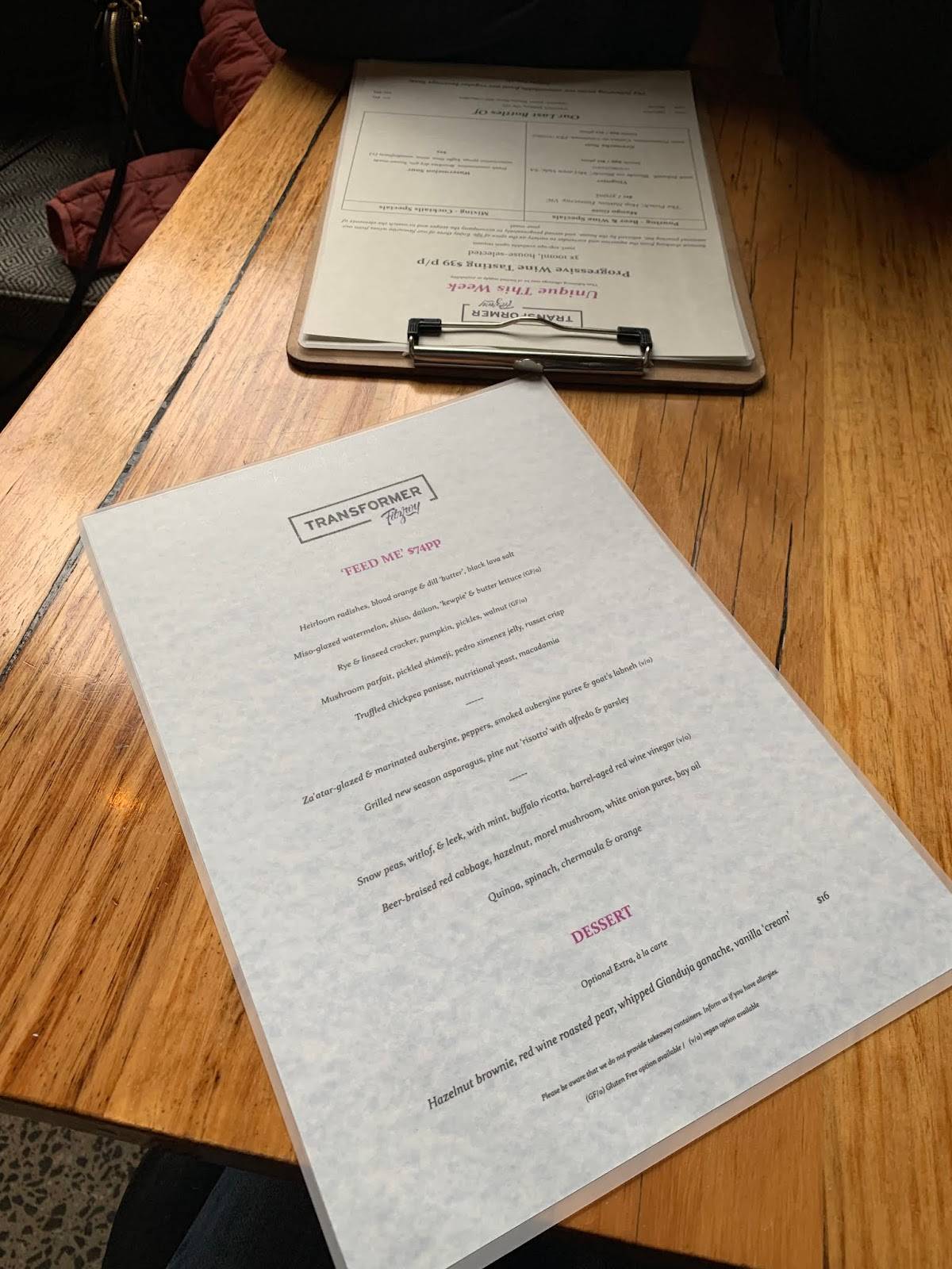 Menu at Transformer Next Door restaurant, Fitzroy
