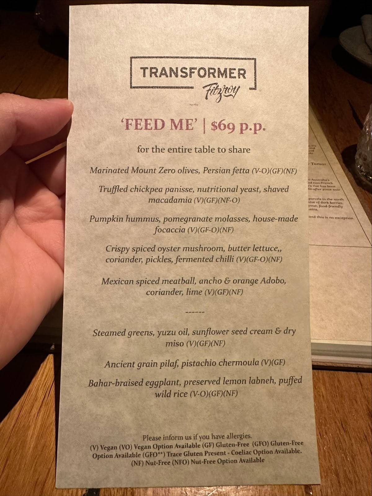 Menu at Transformer Next Door restaurant, Fitzroy