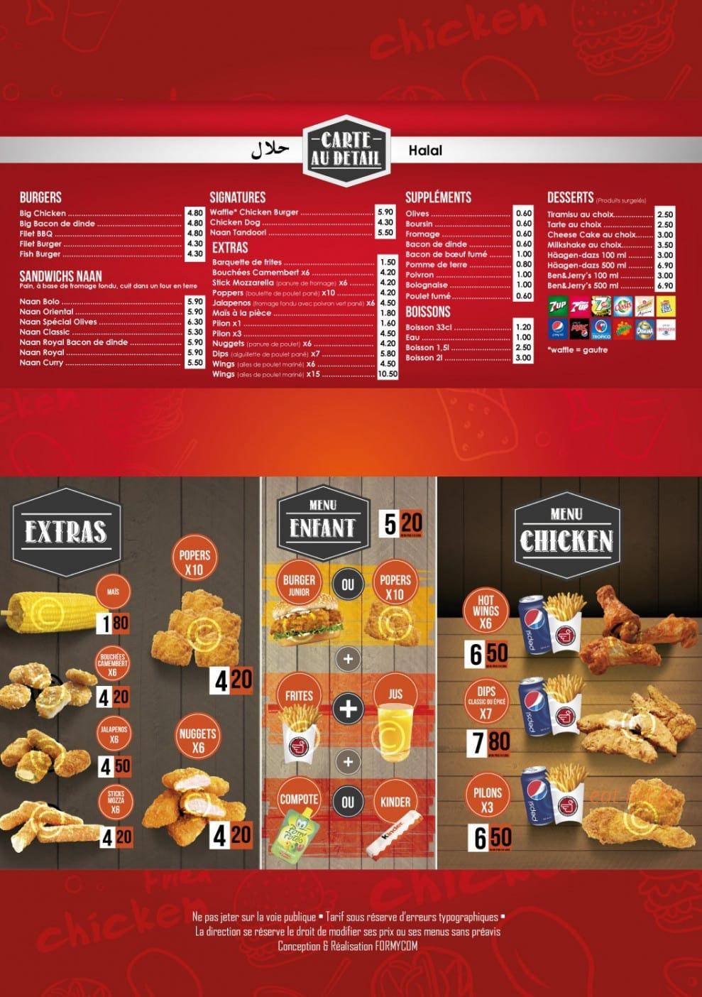 Menu au Chicken Minute officiel fast food, Trappes