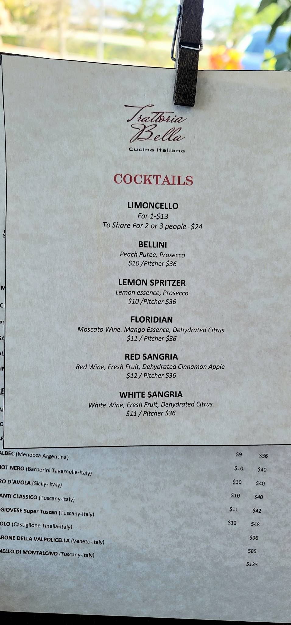 Menu at Trattoria Bella pub & bar, Palm Bay