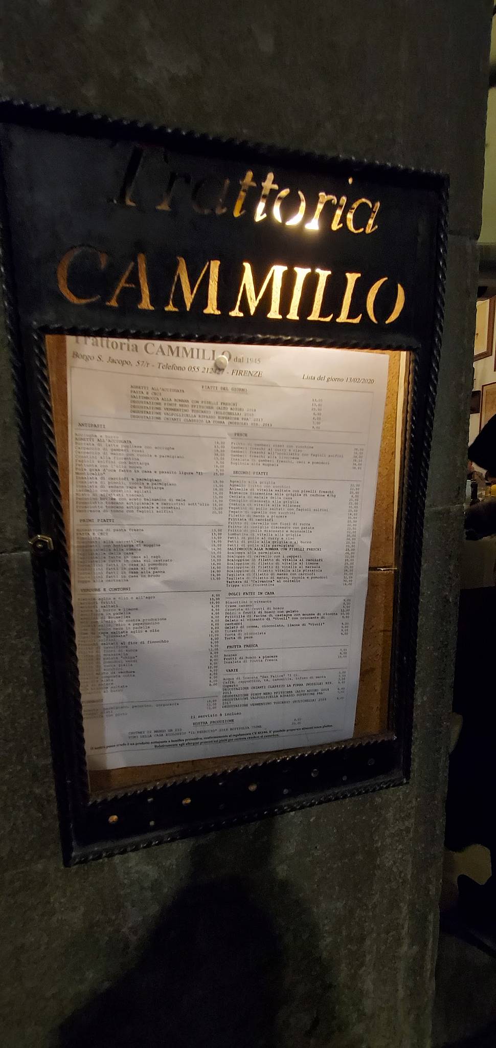 Menu at Trattoria Cammillo restaurant, Florence