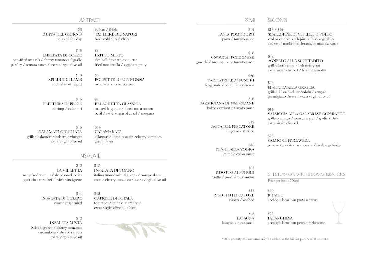 Menu at Trattoria La Villetta restaurant, Vaughan