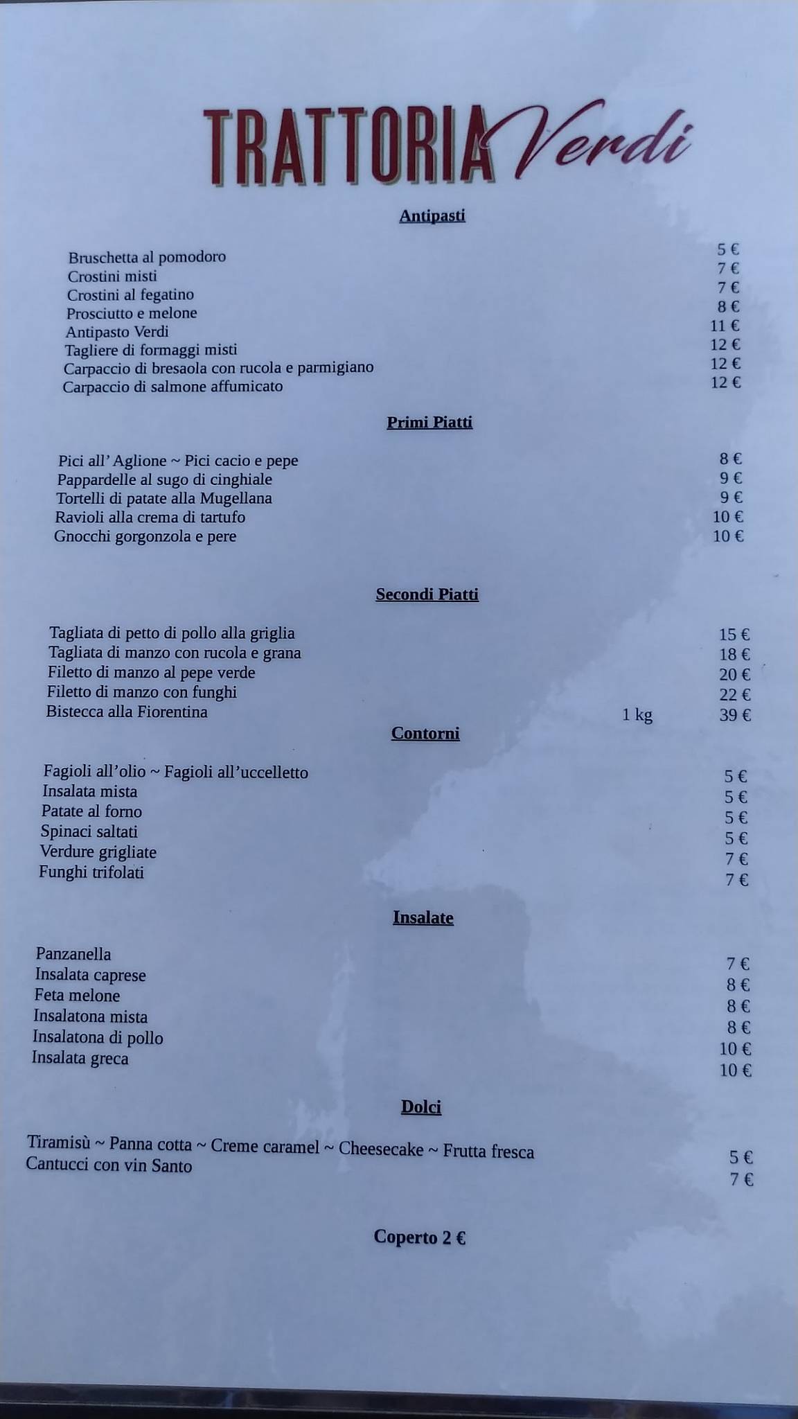 Menu da Trattoria Verdi Firenze pub & bar, Firenze