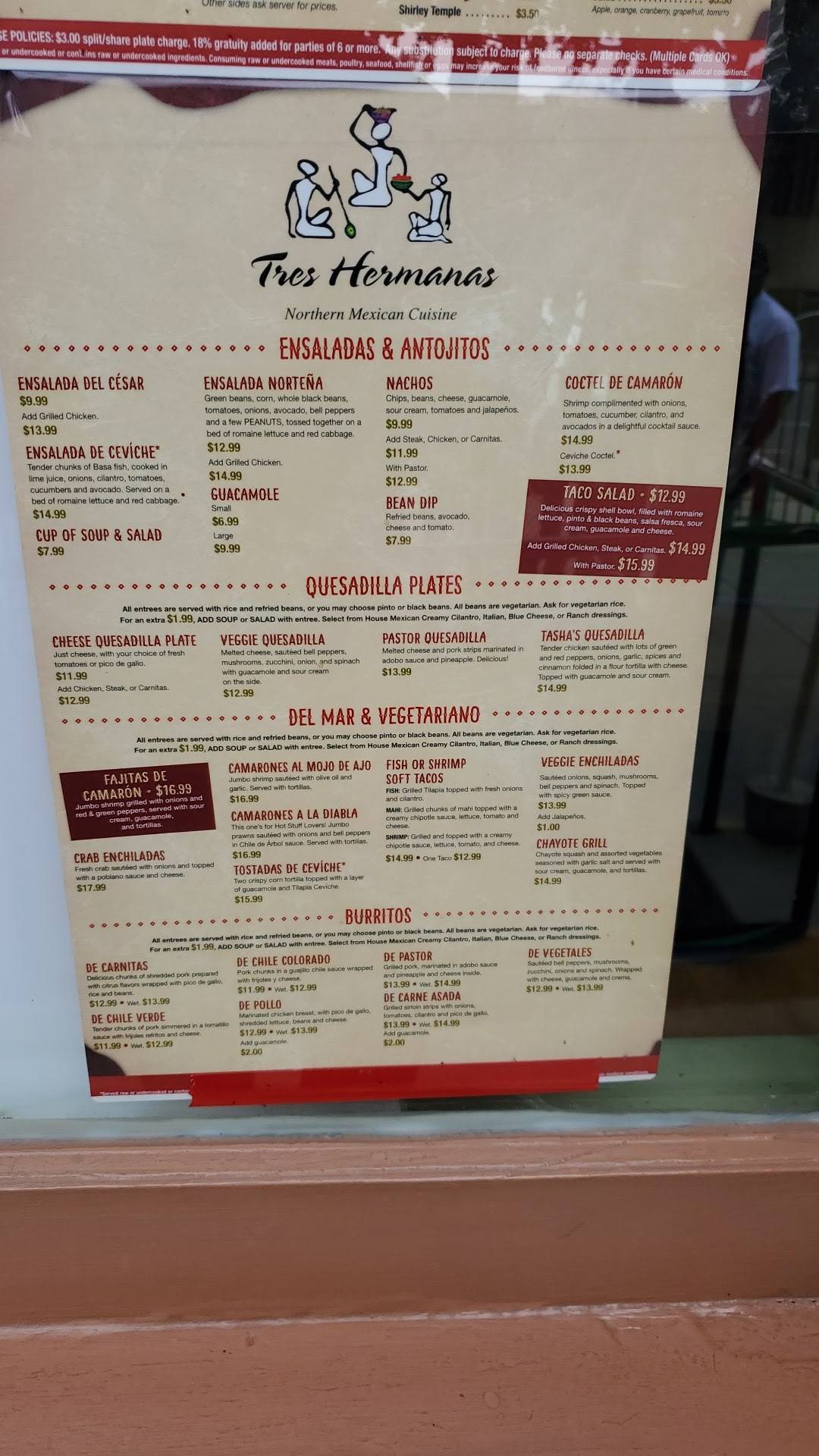 Menu at Tres Hermanas restaurant, Sacramento