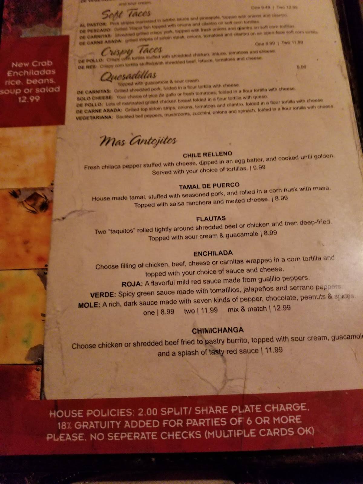 Menu at Tres Hermanas restaurant, Sacramento