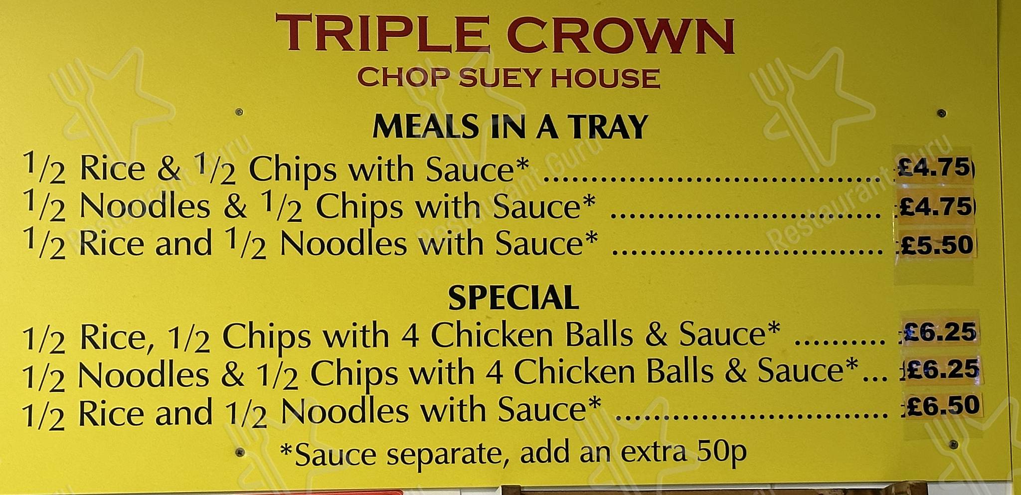 Menu at Triple Crown fast food, Cardiff