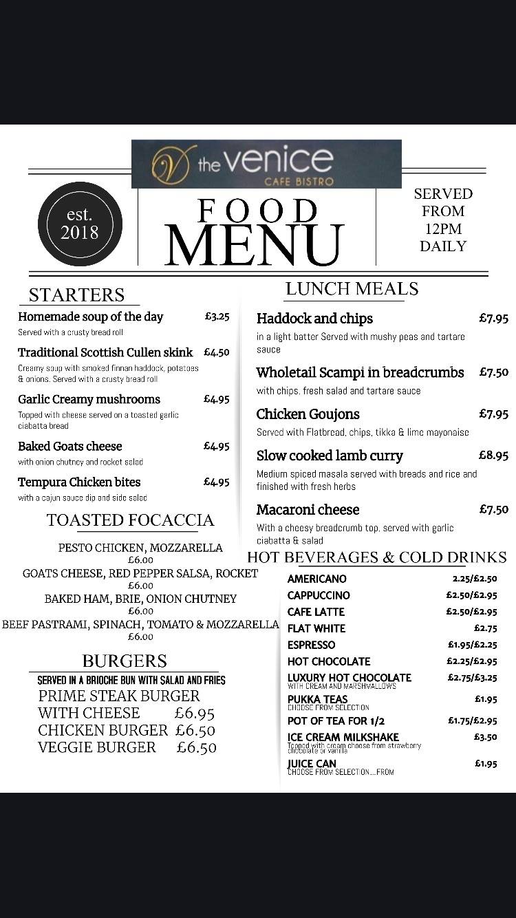 Menu at The Venice Cafe, Troon