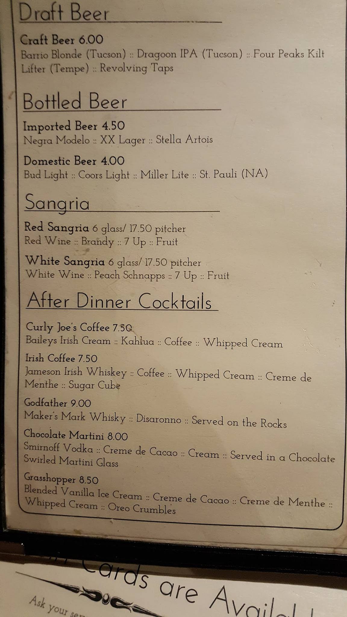 Menu at El Corral pub & bar, Tucson, E River Rd