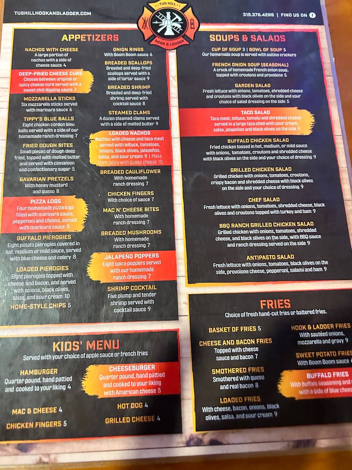 Menu at Tug Hill Hook and Ladder restaurant, USA
