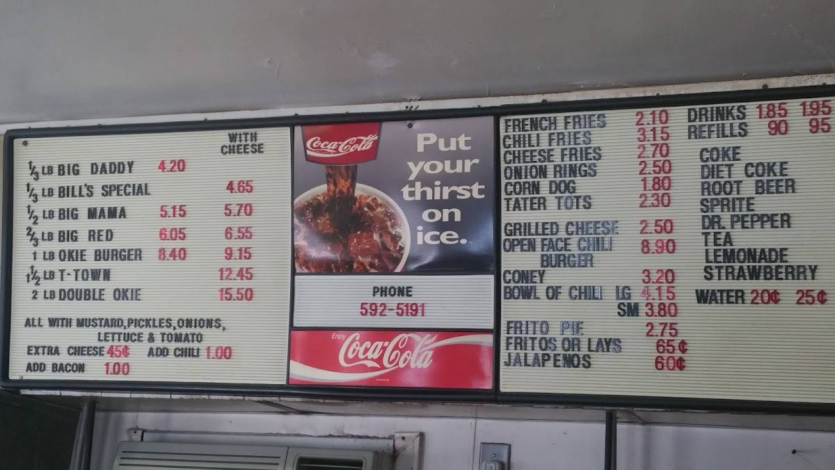 Menu at Bill's Jumbo Burgers fast food, Tulsa