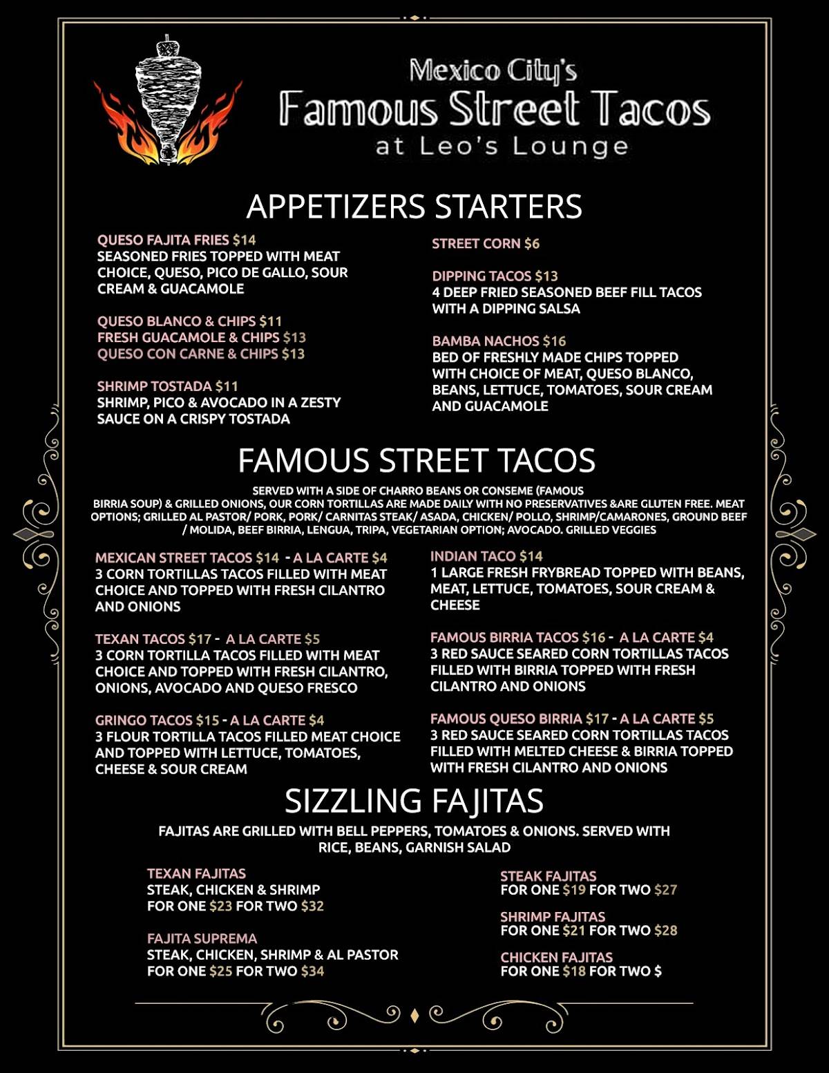 Menu at Leo's Lounge & Mexico City's Famous Street Tacos steakhouse, Tulsa