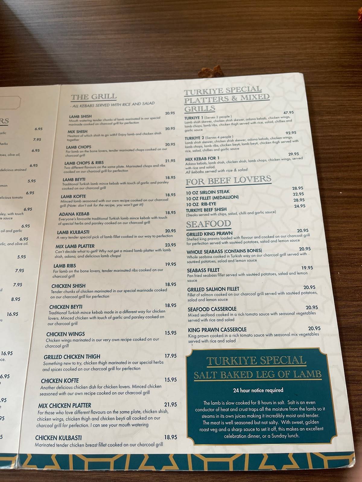 Menu at Turkiye EFES Restaurant, Glasgow