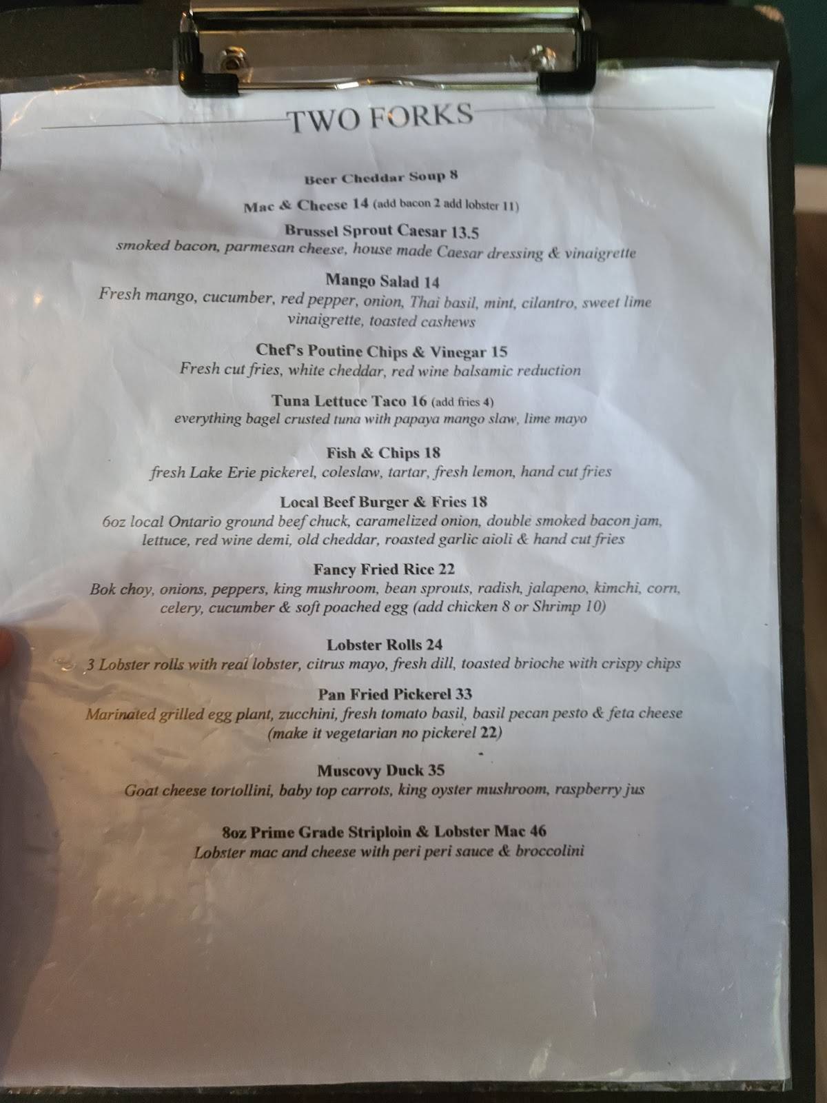 Menu at Two Forks pub & bar, Port Stanley
