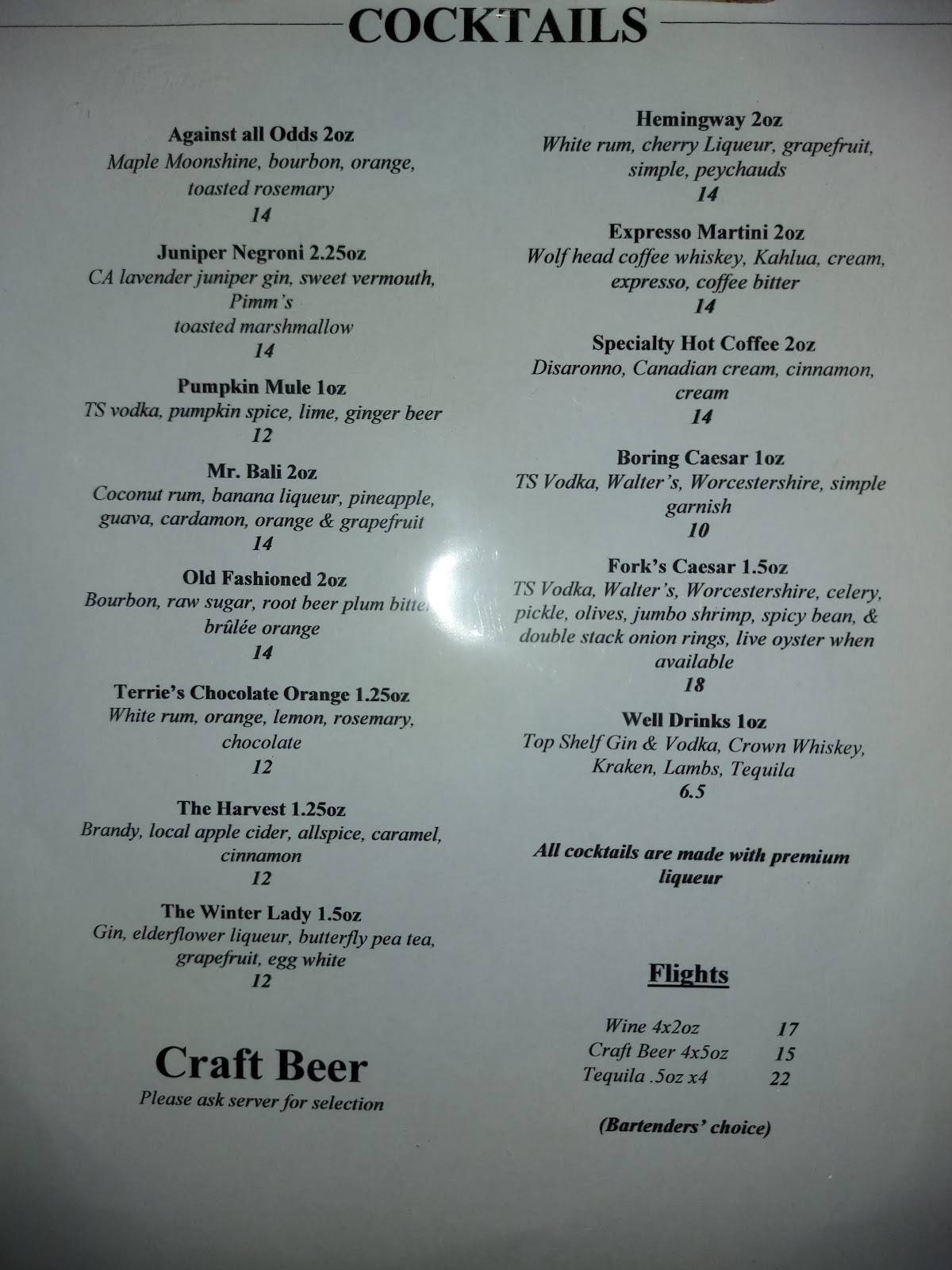 Menu at Two Forks pub & bar, Port Stanley