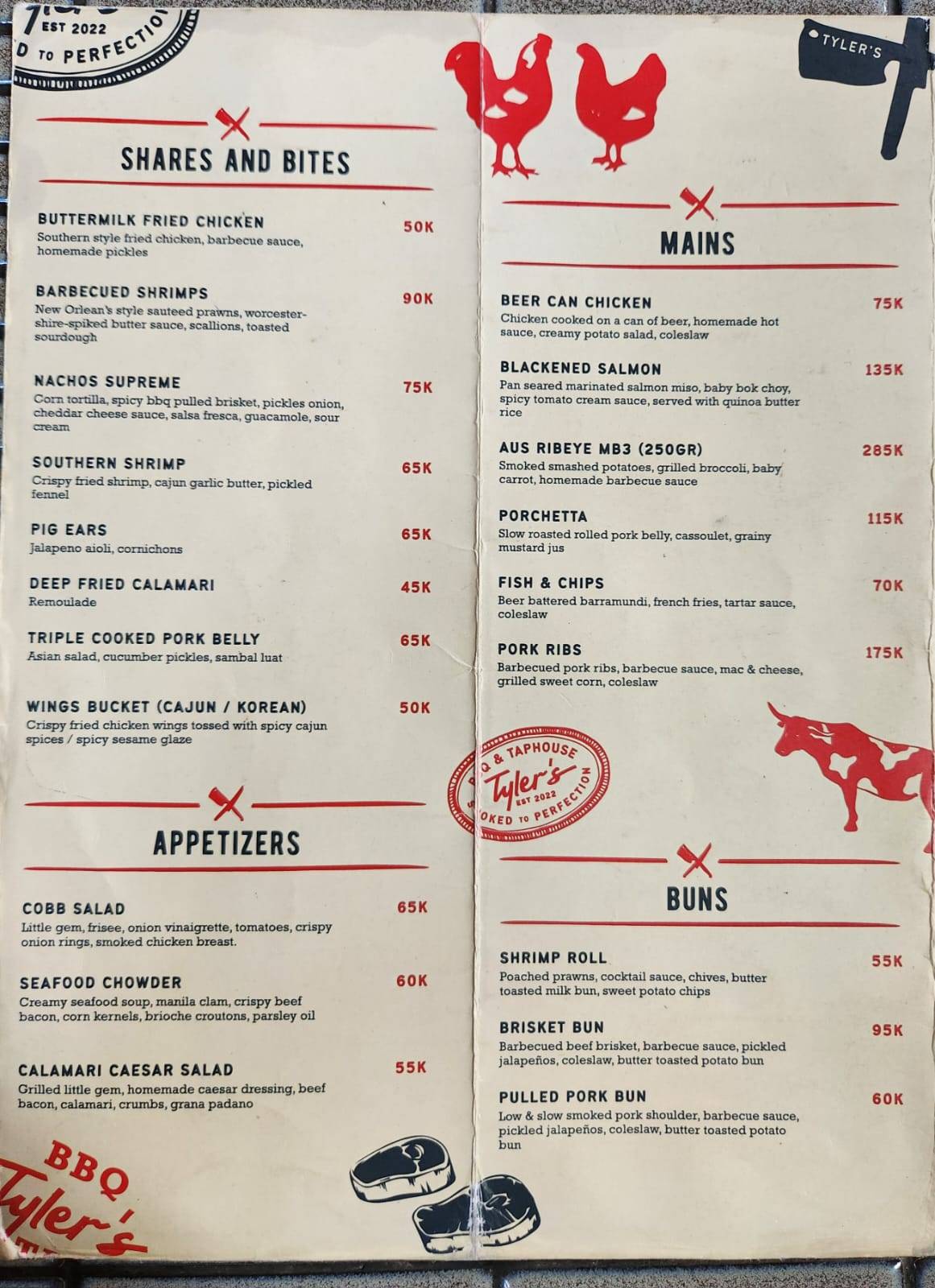 Menu at Tyler's Smoke House restaurant, Semarang