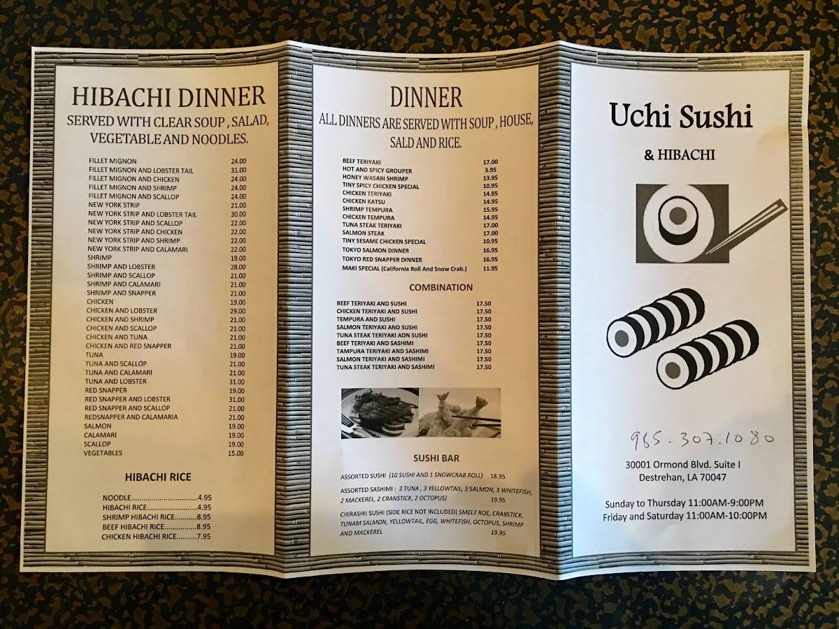 Menu at Uchi Sushi restaurant, Destrehan