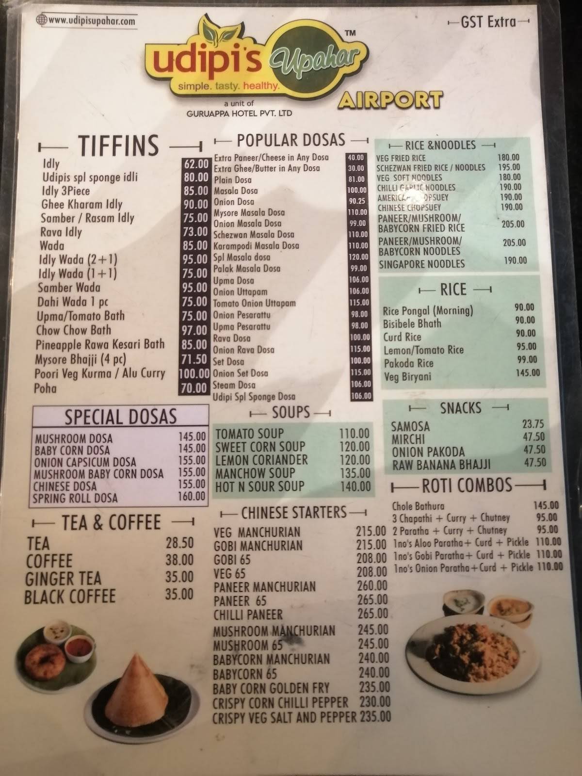 Menu at Udipi's Upahar RGI Airport, Hyderabad