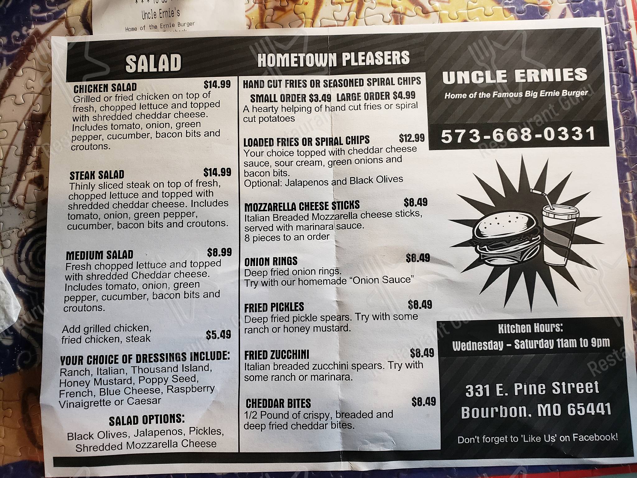 Menu at Uncle Ernie's restaurant, Bourbon