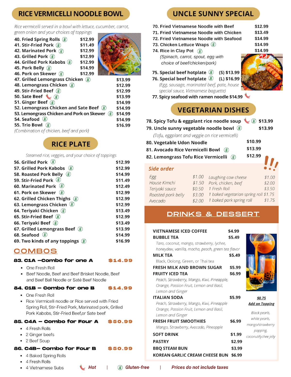 Menu at Uncle Sunny restaurant, Regina